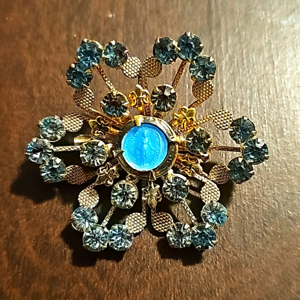 Vintage Immaculate Mary Blue Enamel & 10k Gold Brooch… - Gem